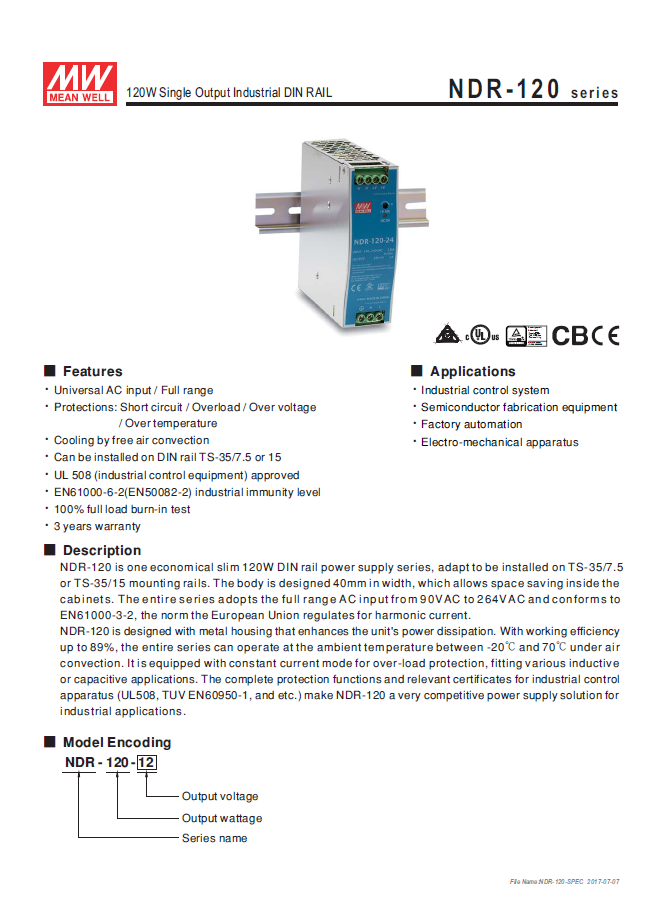 Meanwell NDR-120-12 | 12V 10A DIN Rail Power Supply